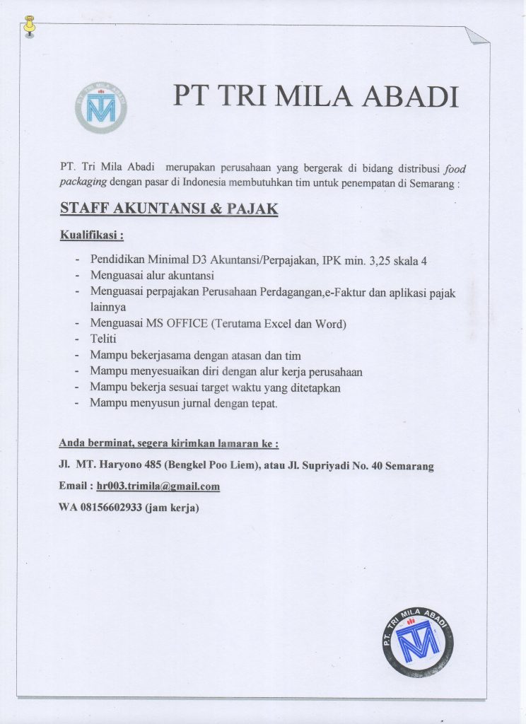 Staff Akuntansi dan Pajak @ PT Tri Mila Abadi – SCU