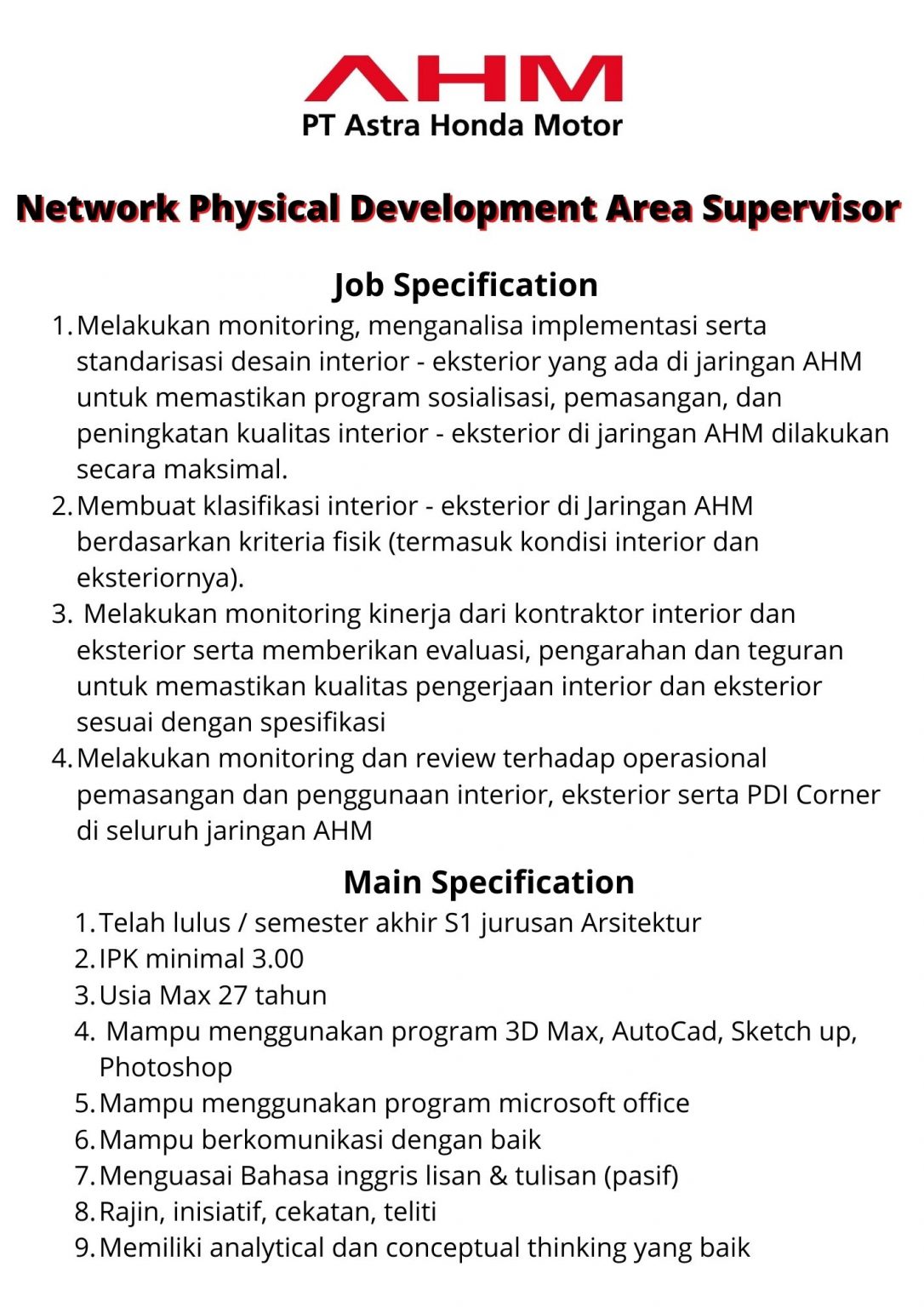 Network Physical Development Area Supervisor @ PT Astra Honda Motor – SCU