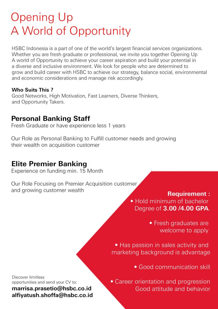 Personal Banking Staff & Elite Premier Banking @ Bank HSBC – SCU