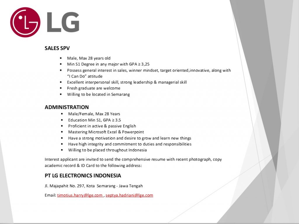 SALES SPV & ADMINISTRATION@PT. LG ELEKTRONIK INDONESIA – SCU