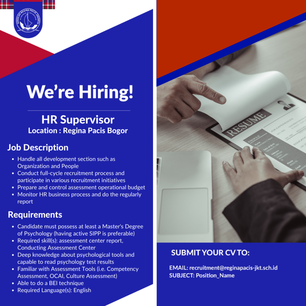 HR Supervisor Bogor @Sekolah Regina Pacis Jakarta – SCU