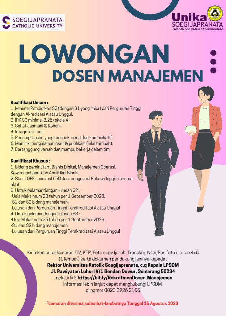 Lowongan kerja Juli 2023 – SCU-UNIKA SOEGIJAPRANATA – Dosen Manajemen – SCU