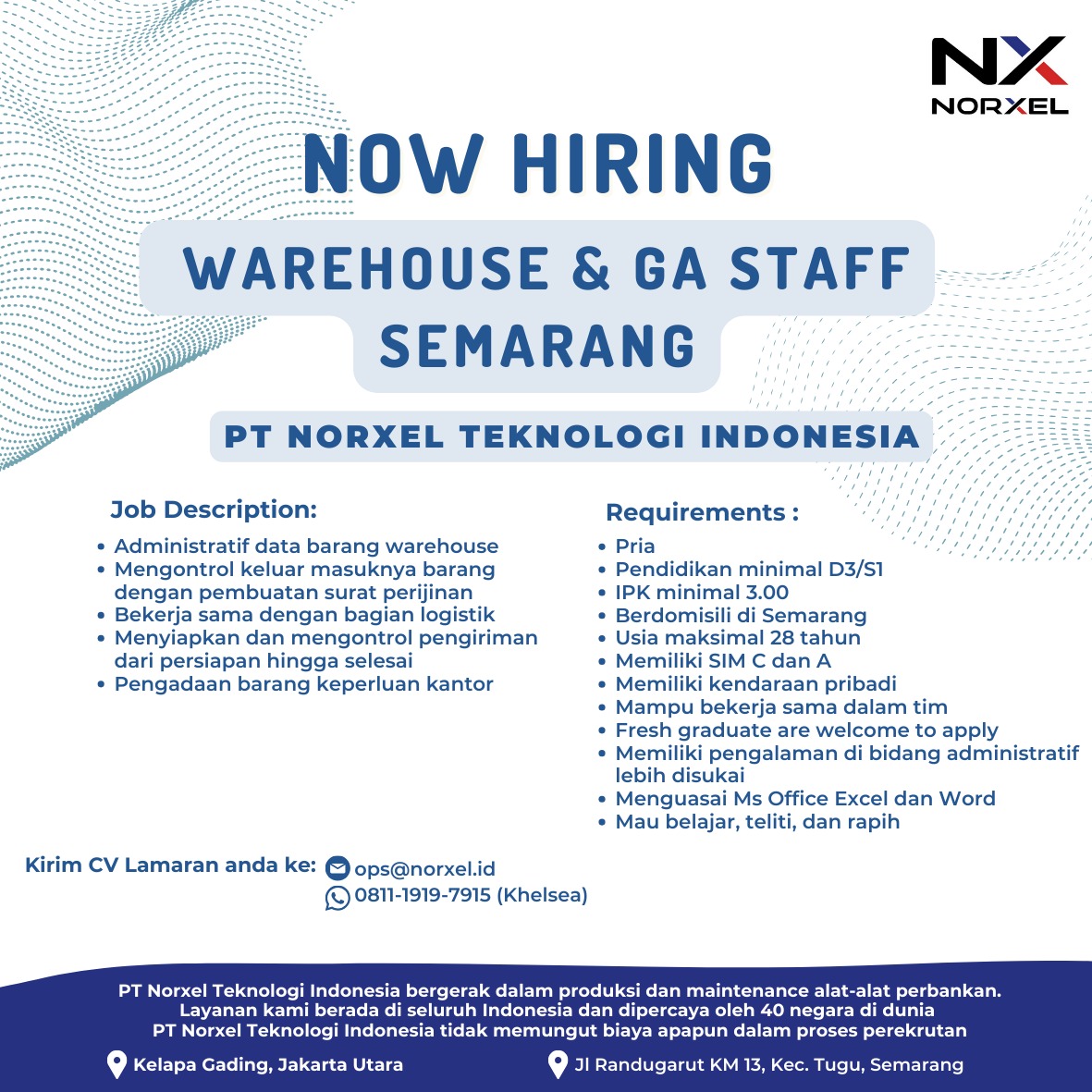 Lowongan Kerja November 2023 – PT. NORXEL – Warehouse & GA Staff Semarang – SCU