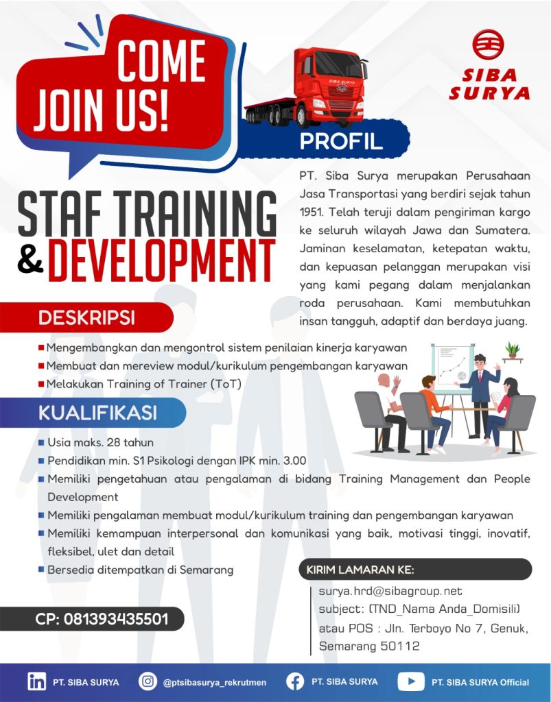 Lowongan Kerja November 2023 – Siba Surya – Staf Training & Development – SCU