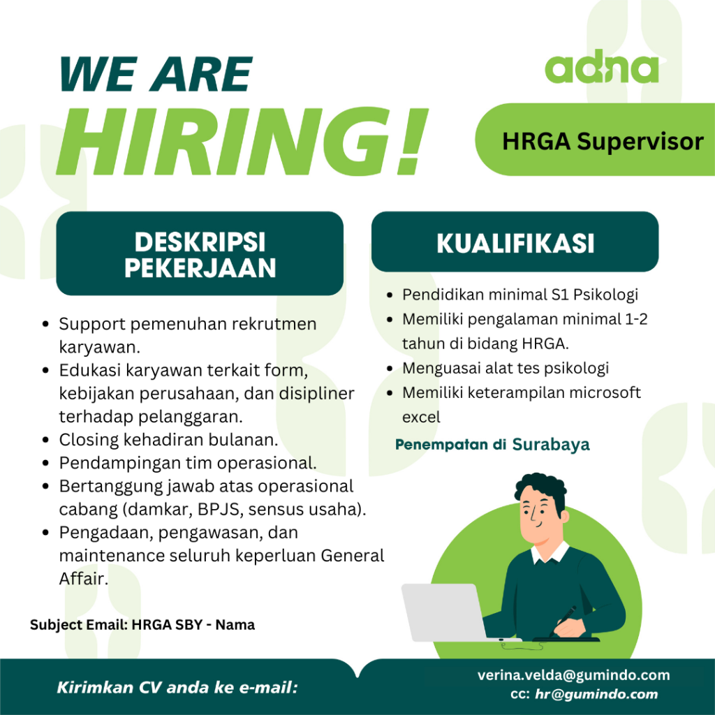 Lowongan Kerja Desember 2023- PT ADNA – HRGA Supervisor – SCU