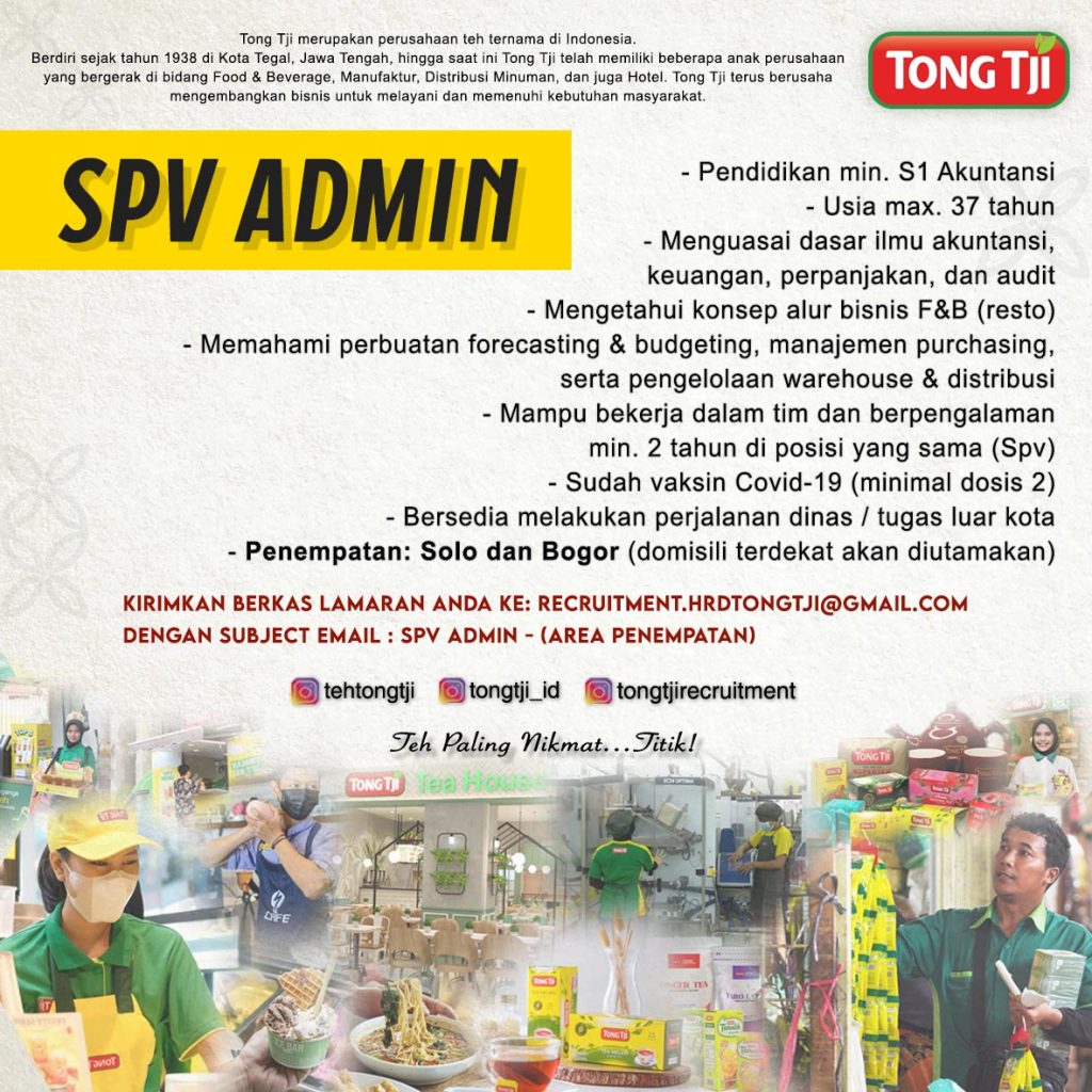 Lowongan kerja Desember 2023 – PT TONG TJI – SPV ADMIN – SCU