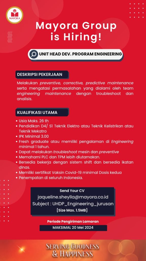 Lowongan Kerja Mei 2024 – MAYORA – UHDP Engineering – SCU