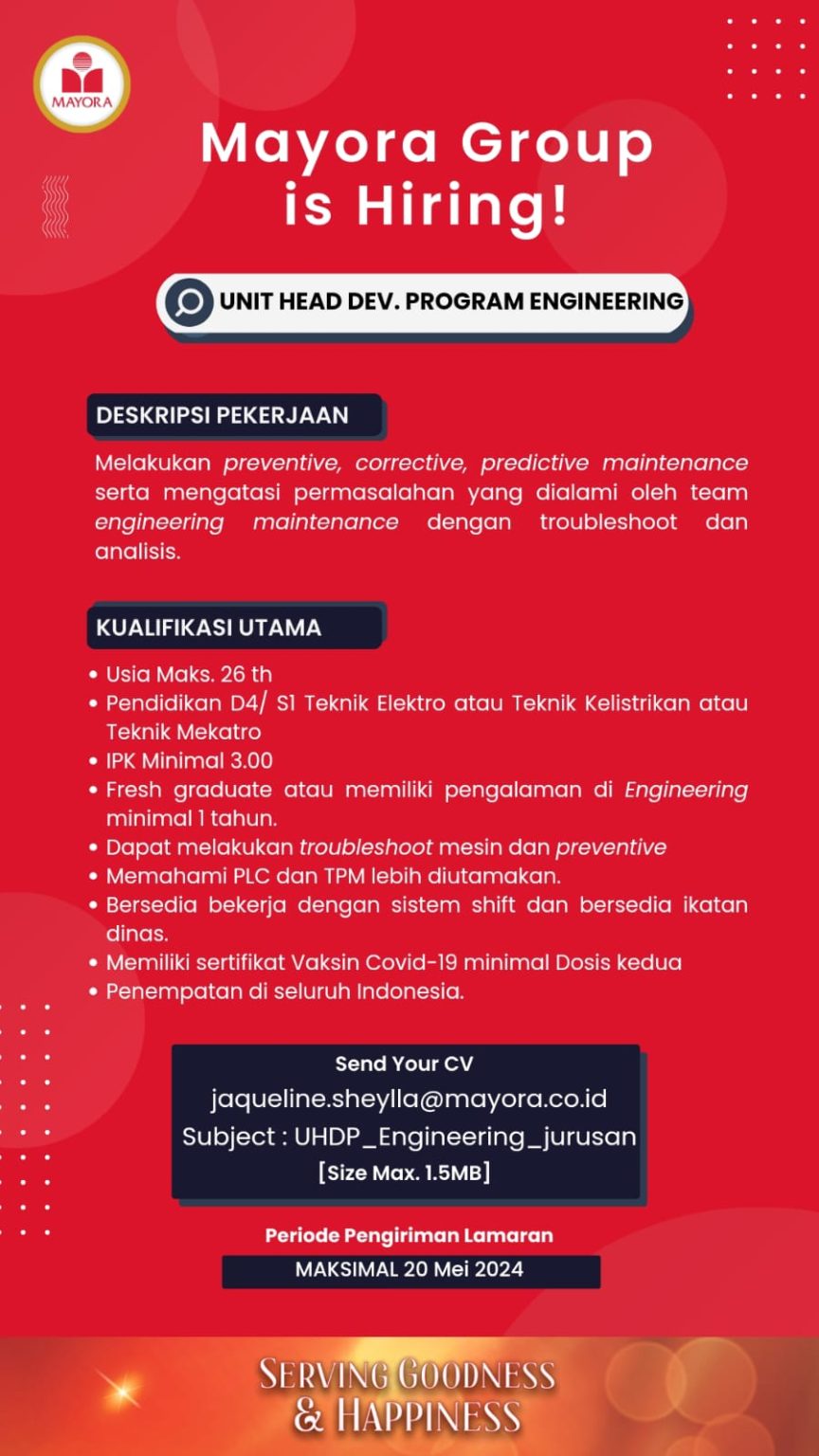 Lowongan Kerja Mei 2024 – MAYORA – UHDP Engineering – SCU