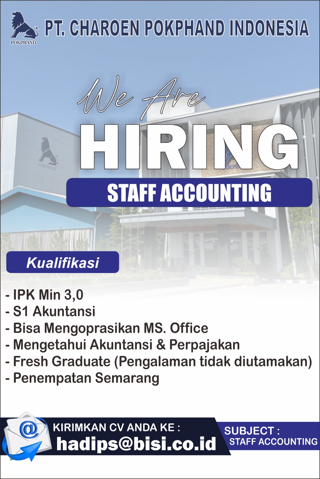 Lowongan Kerja Mei 2024 – PT. CHAROEN POKPHAND INDONESIA – Accounting – SCU