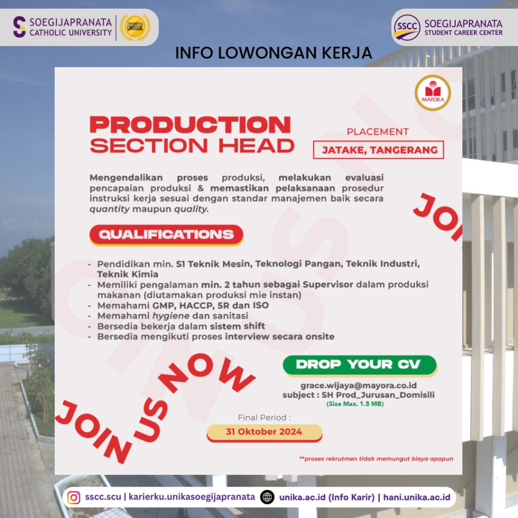 Loker Oktober 2024 – PT Mayora Indah Tbk || Prod. Section Head – SCU